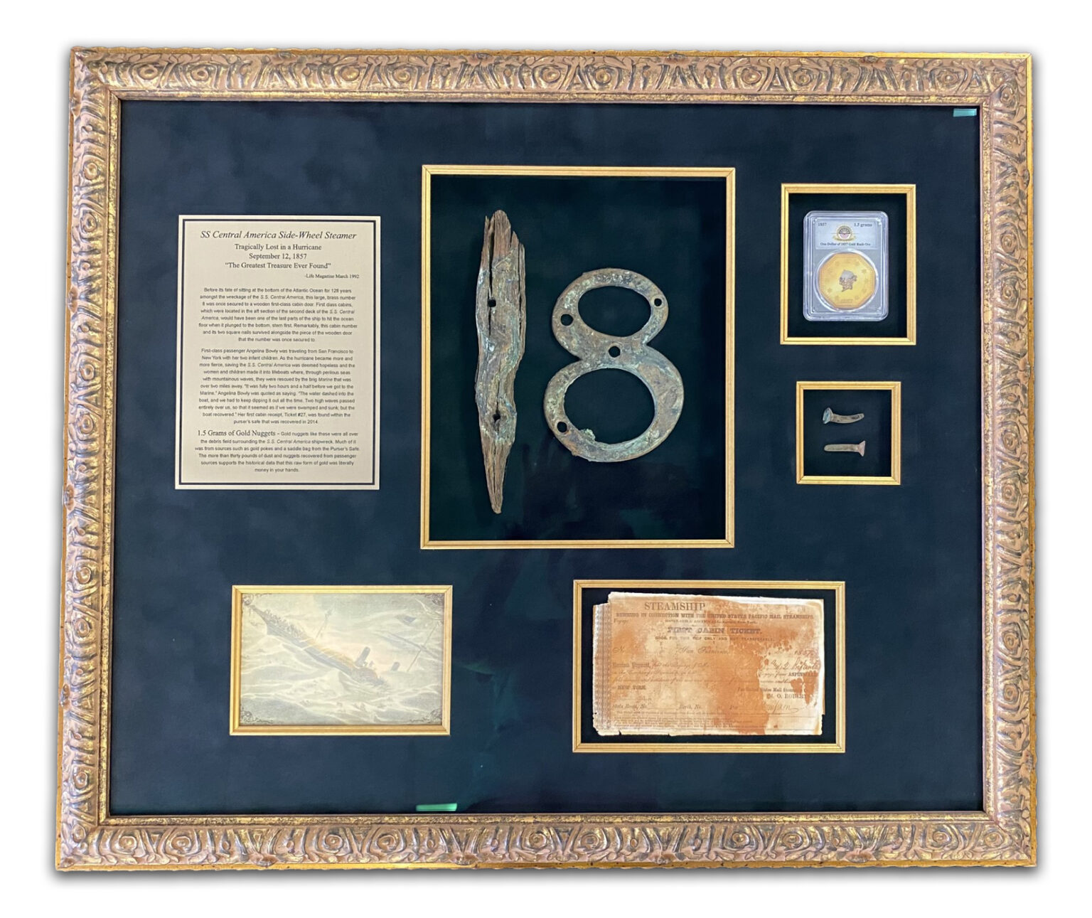SS CENTRAL AMERICA ARTIFACT SHADOW BOX - 1ST CABIN RECEIPT, BRASS ROOM ...
